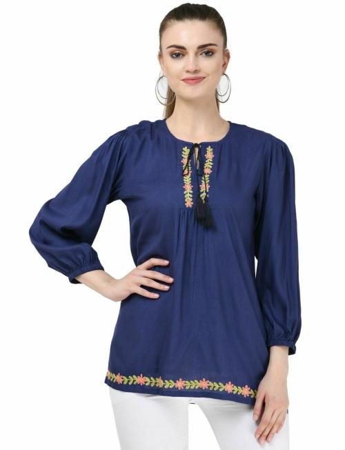 Buy SAAKAA Women's Rayon Blue Embroidery Top Online at Best Prices in ...