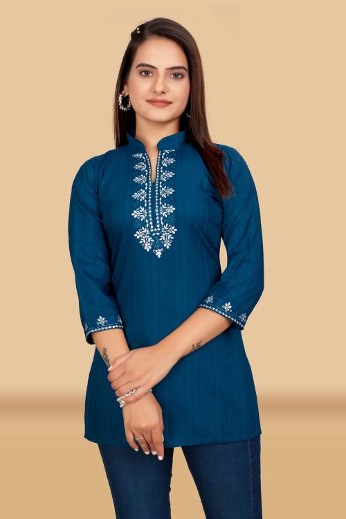 Buy FanciFlair Rayon Embroidered Blue Short Kurti for Women Online at ...