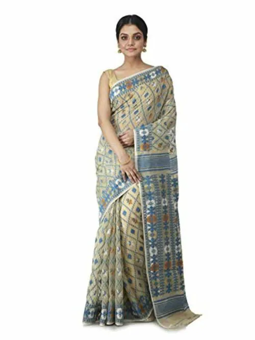 Buy PinkLoom Women Beige Pure Cotton Jamdani Saree Without Blouse Piece Online at Best Prices in ...