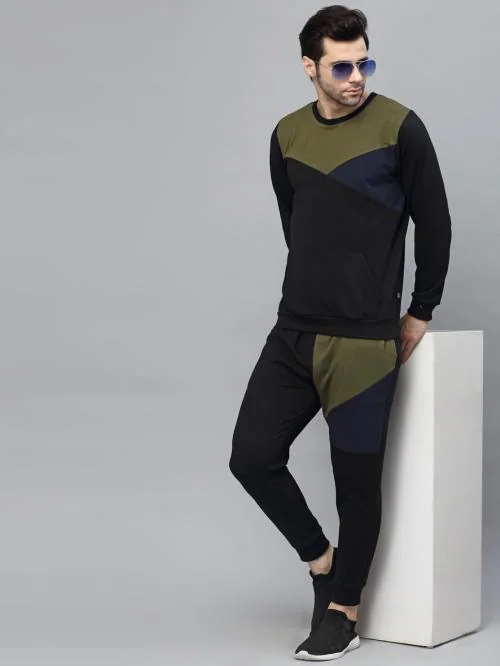 Buy Rigo Men BLACK Cut And Sew Round Neck Cotton Terry Tracksuit Online ...