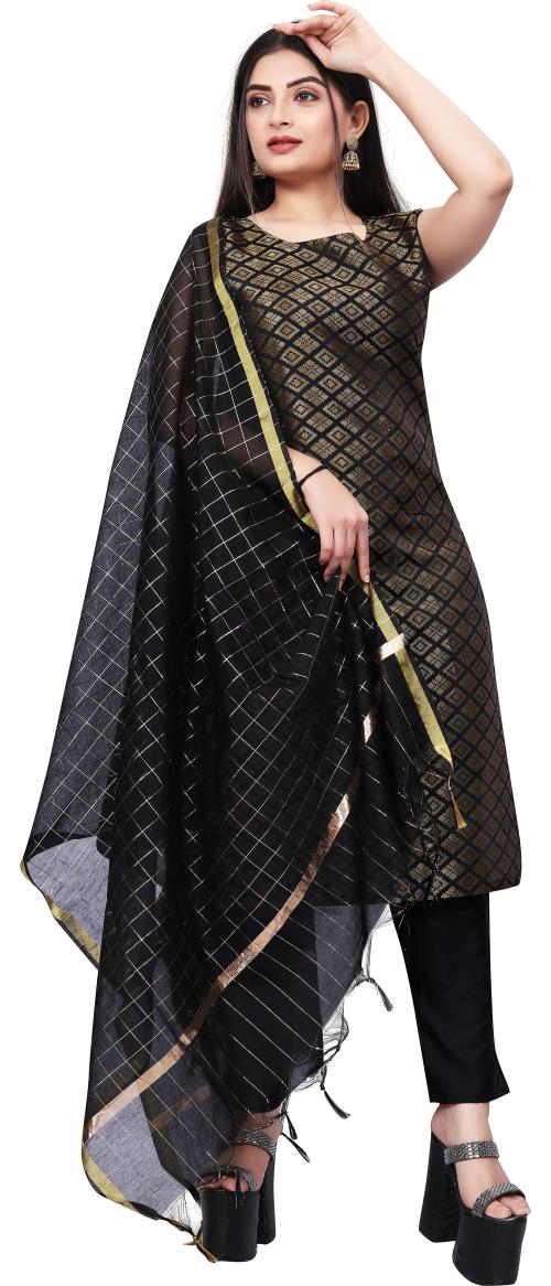 Buy Eilara Women's Silk Blend Black Straight Kutra, Pant with Dupatta ...