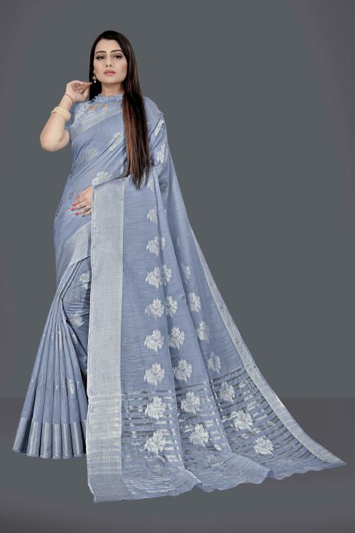 Buy sareya veela Bollywood Women Grey Woven Design Cotton Blend Sarees ...