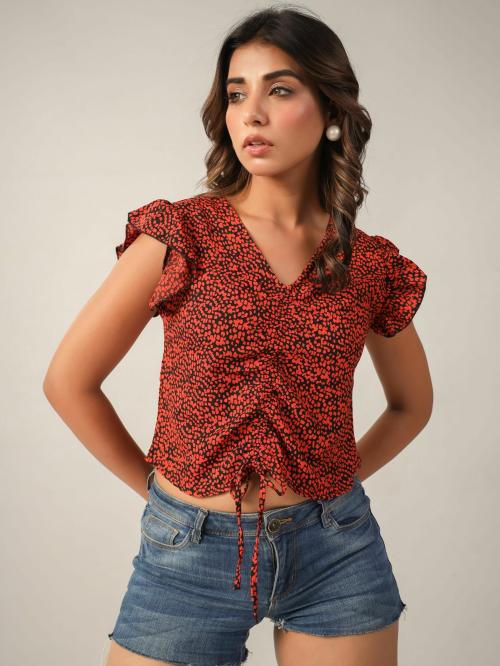 Buy June 9 Clothing Rusty Red Rendezvous Ruffled Sleeves Top/ Red ...