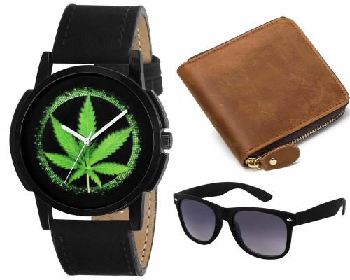 Buy Timebre Weed Leather Analog Watch with Leather Brown Zipper Wallet ...