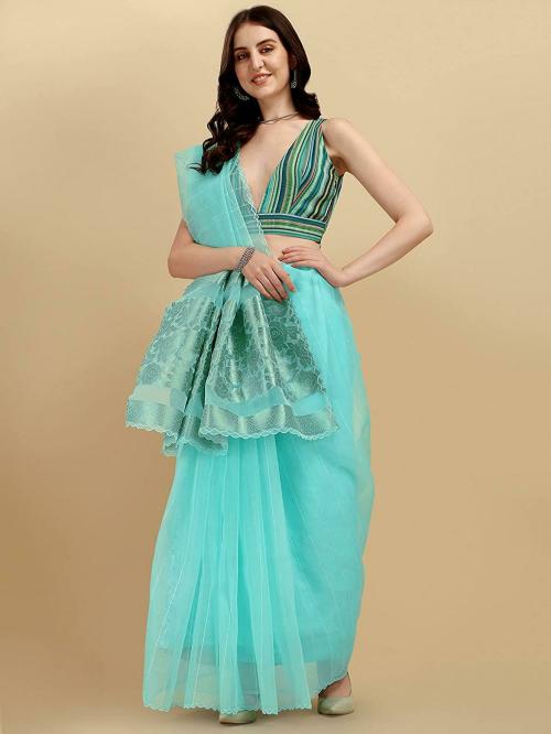 Buy Dungrani Turquoise Organza Women Saree With Blouse Pic Online at ...