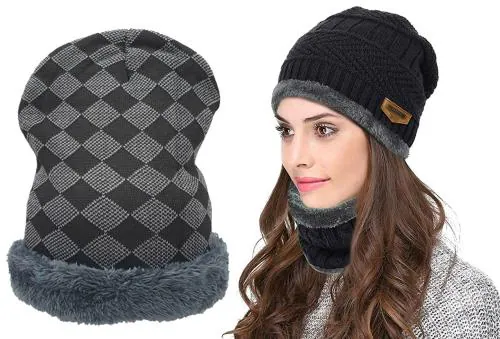 Buy B & B BUTTONS & BOWS Black Printed Fleece Beanie And Neck Scarf For ...