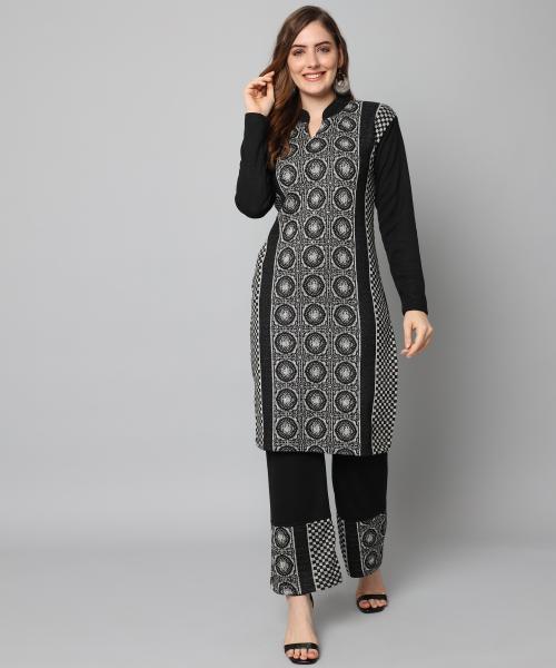 Buy TWOCRAZIIE Women Black Embroidered Wool Single Kurta Palazzo Set ...