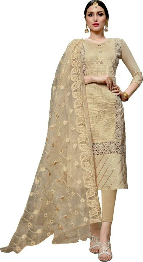 Buy Manvaa Women Beige Embroidered Cotton Semi-Stitched Dress Material ...