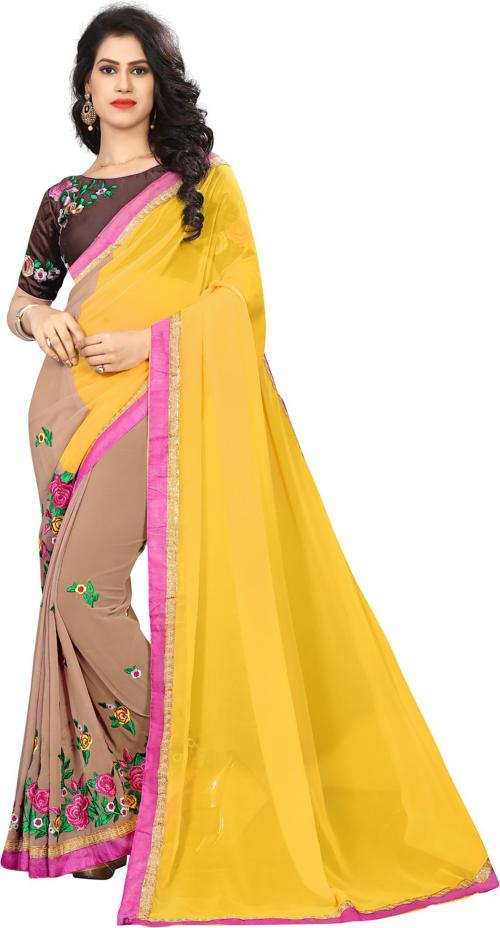 Buy N V Patel Women Yellow Embroidered Georgette Bollywood Saree Online ...