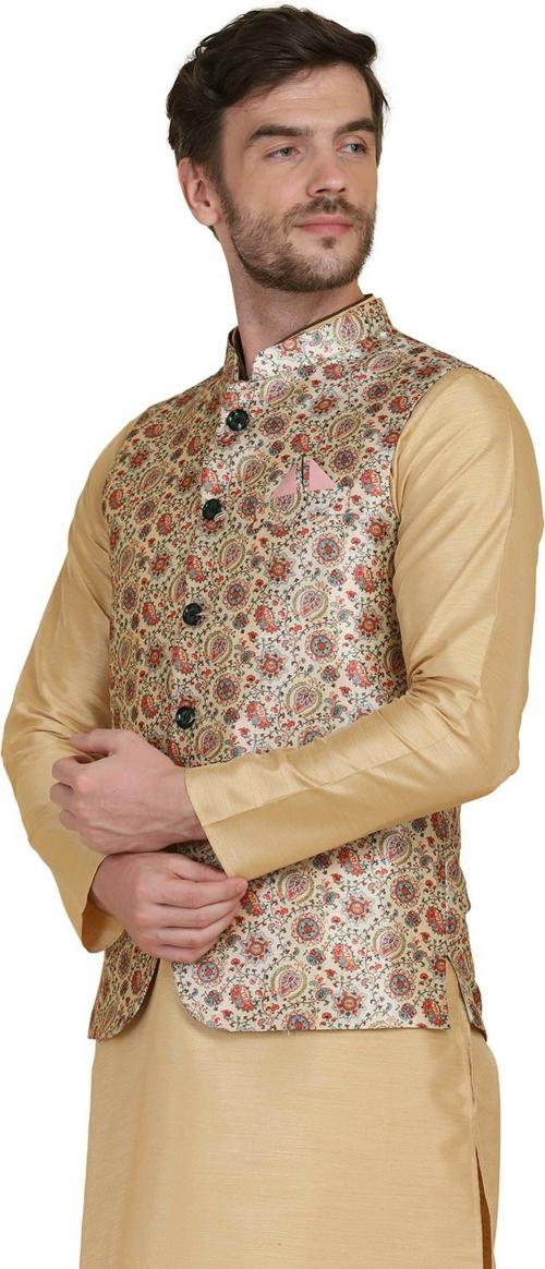 Buy Tahvo Men Gold Printed Silk Blend Nehru Jacket (42) Online at Best ...