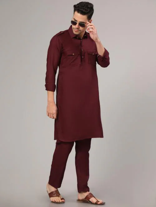 Buy IrisTheStudio Men Maroon Cotton Blend Solid Pathani And Pant Set (M ...
