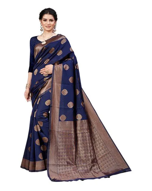 Buy Parvani Navy Blue Silk Saree with Exquisite Golden Work_Timeless Elegance and Opulence ...