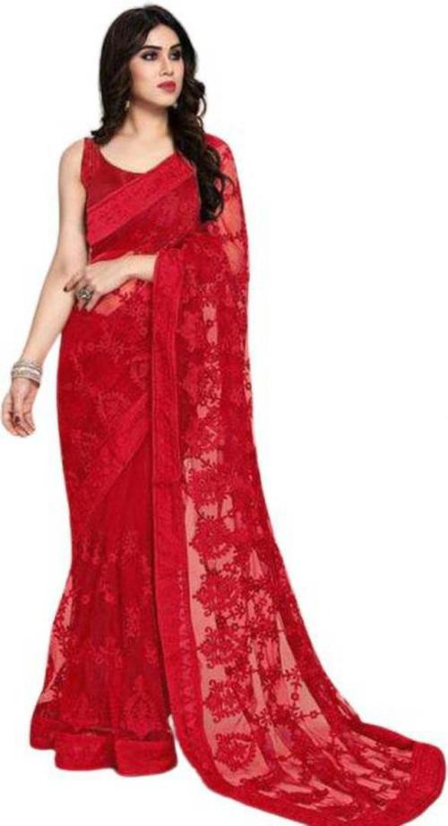 Buy Harmi Fashion Women Red Embroidered Net Bollywood Saree Online at ...