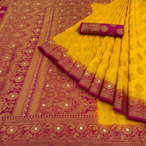 Buy Mansh the stylo..Women Yellow, Pink Striped Jacquard Kanjivaram ...