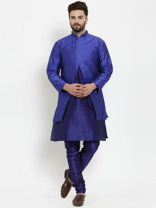 Buy Benstoke Men's Royal Blue Kurta With Pyjama & Blue Self Design ...
