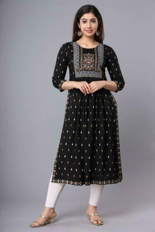 Buy GURRA Women Black Printed Viscose Rayon A-Line Kurta (M) Online at ...