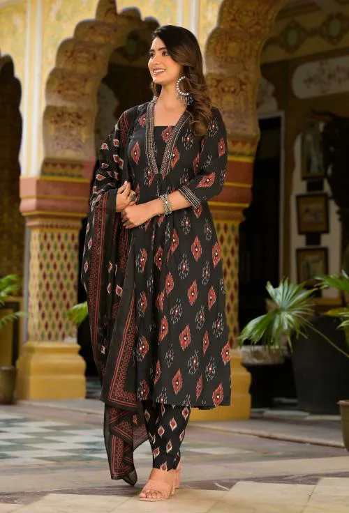 Buy Keitra Women Black, Red Geometric Print Viscose Rayon Kurta, Pant And Dupatta Set | Kurta ...