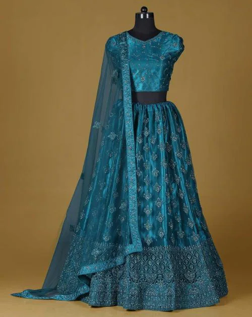 Buy HALFSAREE STUDIO Morpich Net Zari work Semi-Stitched Lehenga Choli ...