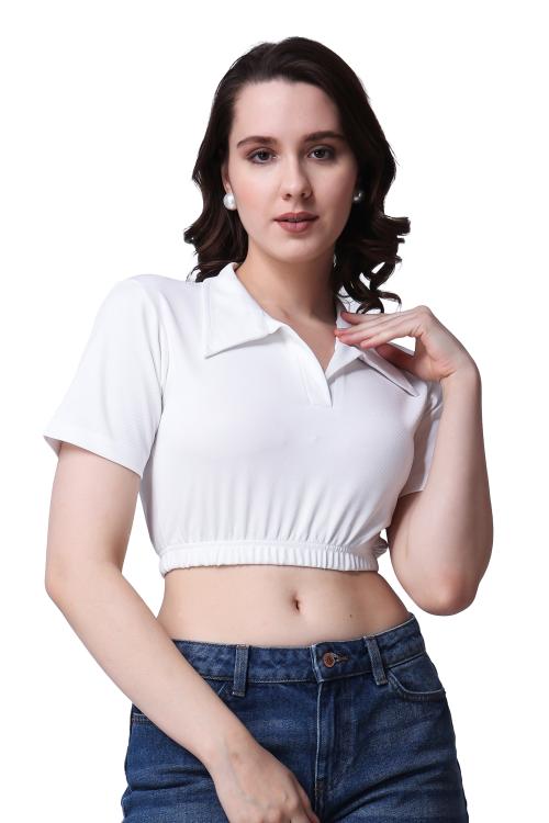 Buy Popwings Women Casual White Solid Collar Crop Top Online at Best ...