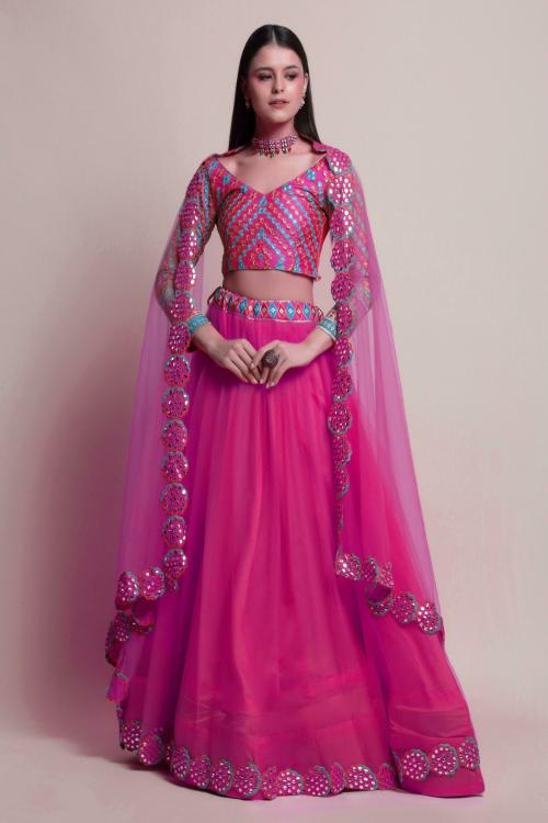 Buy Atsevam Women Free Size Pink Self Design Net Lehenga Choli Set ...