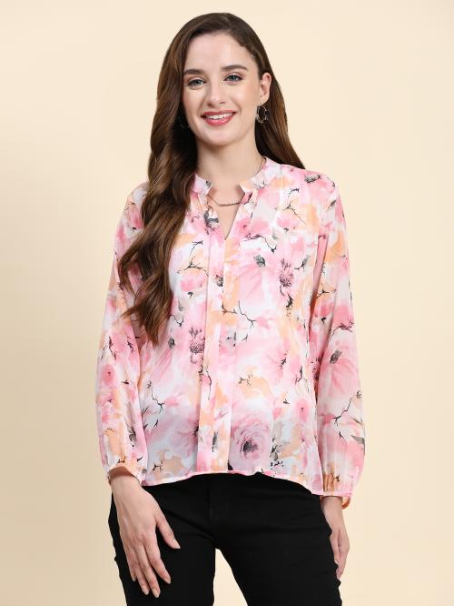 Buy KERI PERRY Women's PINK Georgette Floral Flared Western Top Online ...