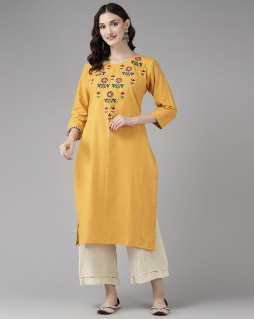 Buy Aarika Womens Yellow Color Embroidery Cotton Kurti Online at Best ...