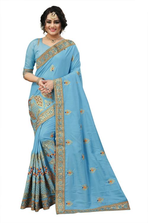 Buy N V Patel Women Sky-Blue Embroidered Net Bollywood Saree Online at ...