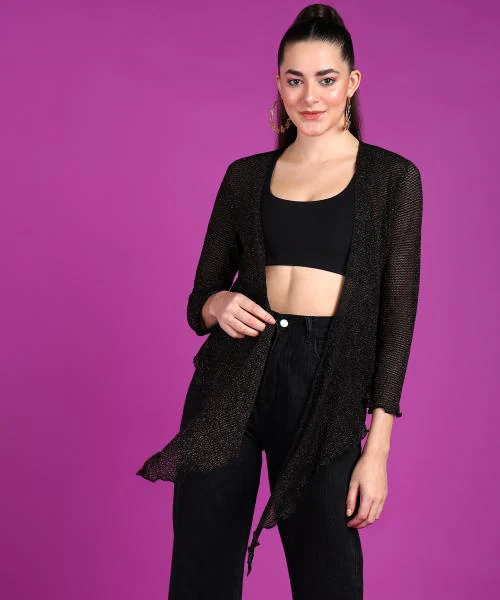 Buy Popwings Women Casual Black Golden Zari Shimmer Open Long Shrug ...