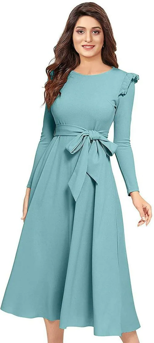 Buy LADIESORA FASHION Empire Waist Teal Polyester Dress For Women ...