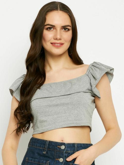 Buy Light Grey Square Neck Flutter Sleeves Crop Top Online at Best Prices in India - JioMart.