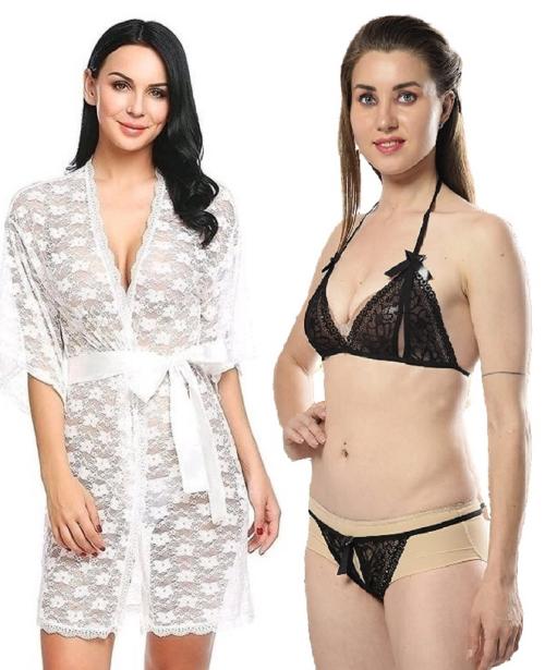 Buy Lc robe whit Lc black bikini 02 Iyara collection Women Robe And Lingerie Set White, Black ...