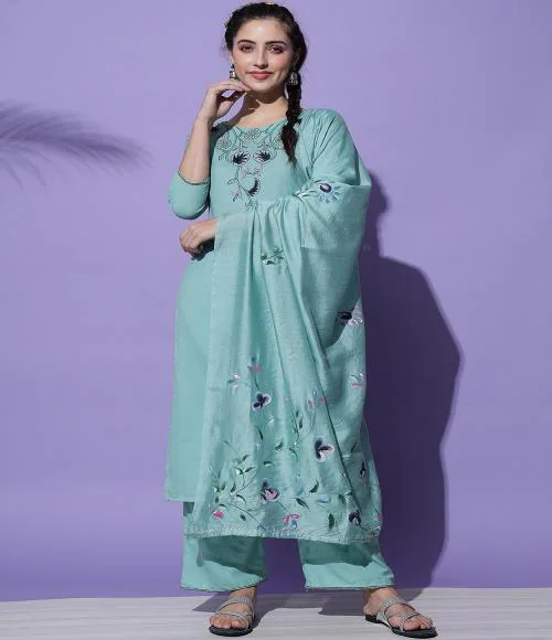 Buy Sitaram Designer Women Turquoise Thread Work Pure Cotton Kurta with ...