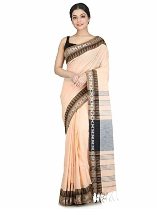 Buy PinkLoom Women Beige and Black Woven Pure Cotton Saree Without Blouse Piece Online at Best ...