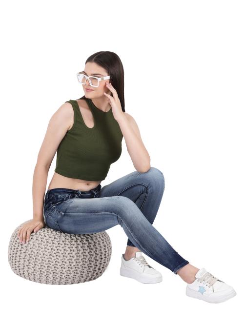 Buy SIMMERDEF Crop Top Round Neck Sleevless Bodycon Stretchable-Green ...