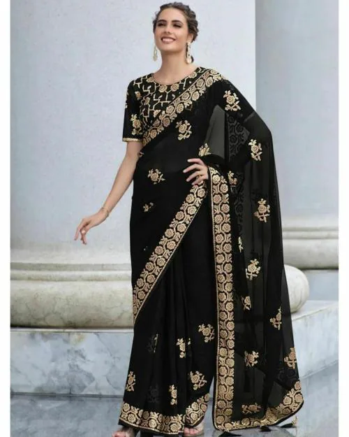 Buy Hari Mirch Black Color Soft Georgette With Heavy Embroidery ...