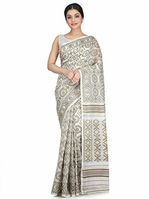 Buy PinkLoom Women White Woven Pure Cotton Jamdani Saree Without Blouse Piece Online at Best ...