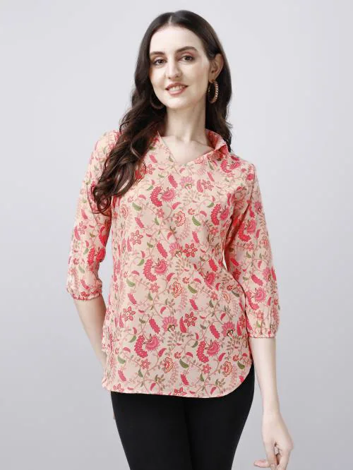 Buy Parnavi Soft Cotton linen collar neck printed top for women (Pink ...
