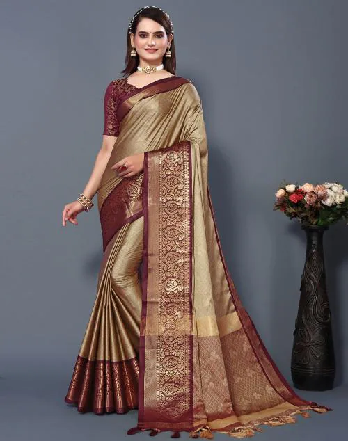 Buy Siril Cotton Silk Brown Color Saree with Blouse piece Online at ...