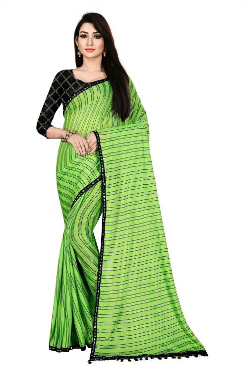 Buy sareya veela Bollywood Women Light Green Striped Lycra Blend Sarees ...