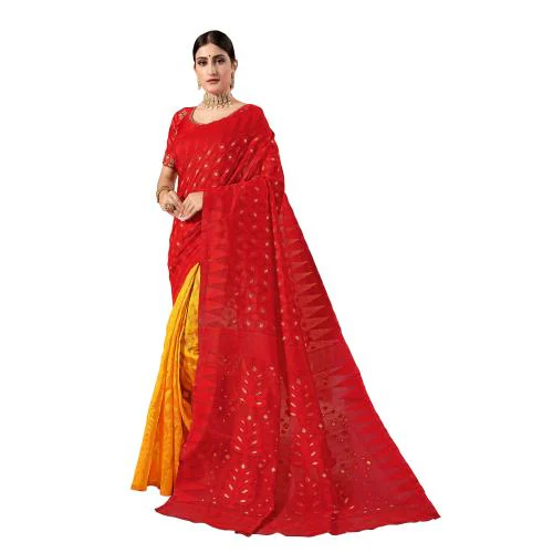Buy Parvani Woven Jamdani Cotton Silk Saree (Red, Yellow) Online at ...