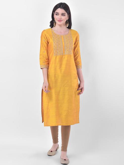 Buy Span Women Yellow Embroidered Cotton Silk Straight Kurta - Nc017 Online at Best Prices in ...