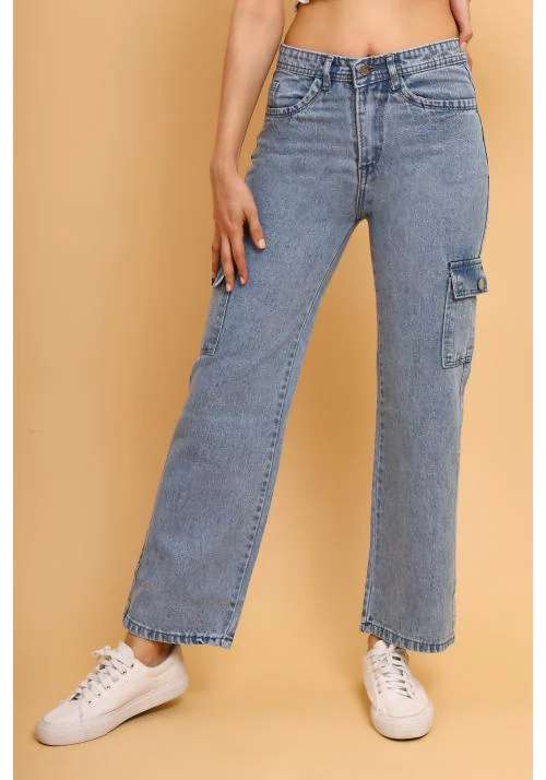 Buy DENNIE FOSTE Women Regular High Rise Cargo Jeans 32 Light Blue ...