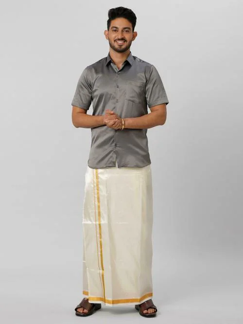 Buy Ramraj Men Solid Grey Spread collar Short sleeves Shirt With Veshti ...