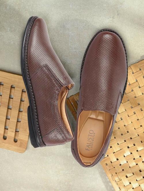Buy FAUSTO Men Brown Textured Formal/Office Broad Toe Leather Slip On ...