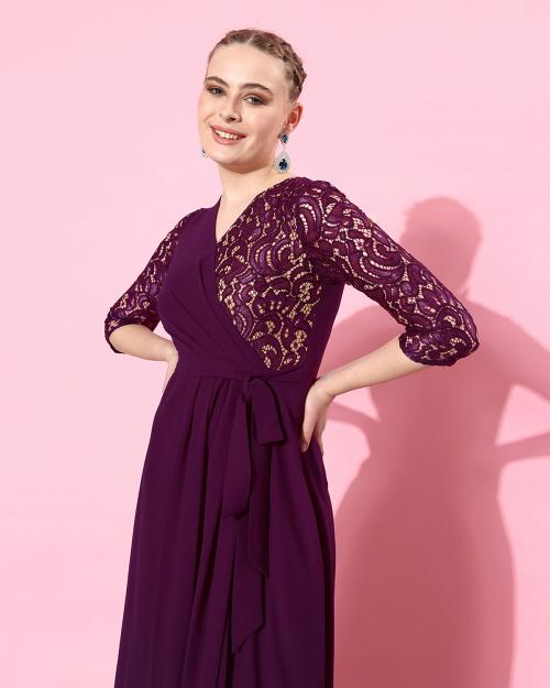 Buy Miss Chase Women Dark Purple Self Design Georgette Single Dresses ...