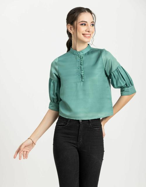 Buy Moomaya Women's Solid Top, Quarter Sleeves Formal Top Ruffled Button Placket Online at Best ...