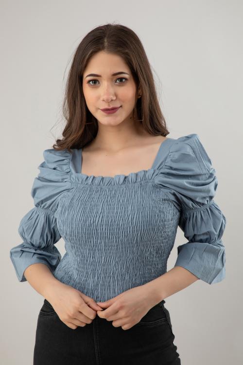 Buy Retty Loving Thing Women Solid Puff Sleeve Powder Blue Top Online ...