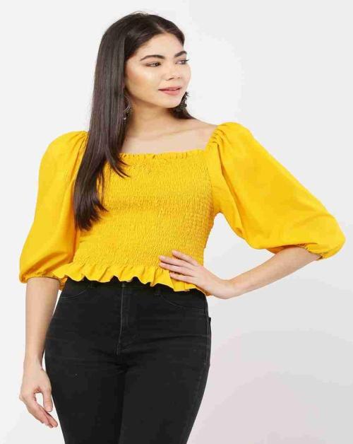 Buy Party Regular Sleeves Solid Women Yellow Top Online at Best Prices ...