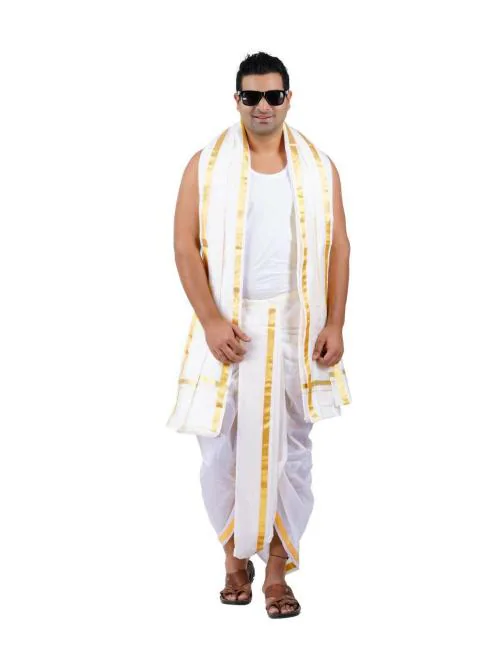 Buy PRAKASAM COTTON COTTON Mens Pure Silk White Colour with Gold Jari ...