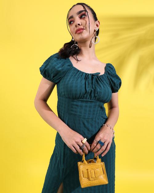 Buy Campus Sutra Women's Solid Teal Blue Dress With Slit Detail Online at Best Prices in India ...